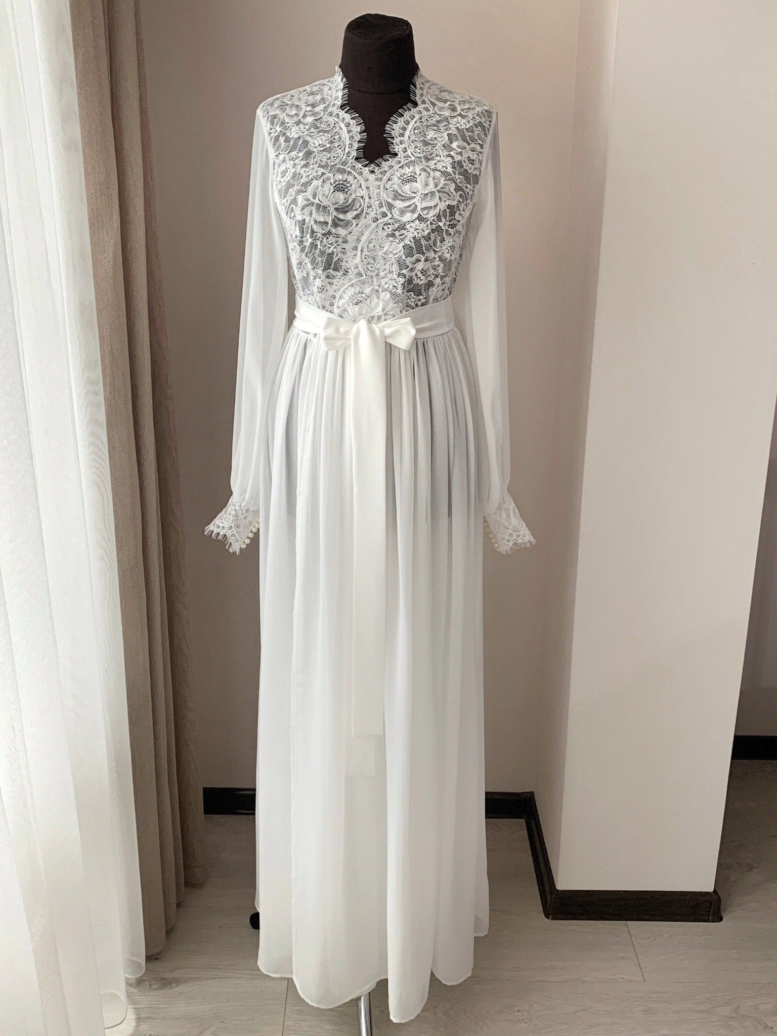 Chiffon bridal robe lace Ivory | BellaDonnaUa Handmade ️